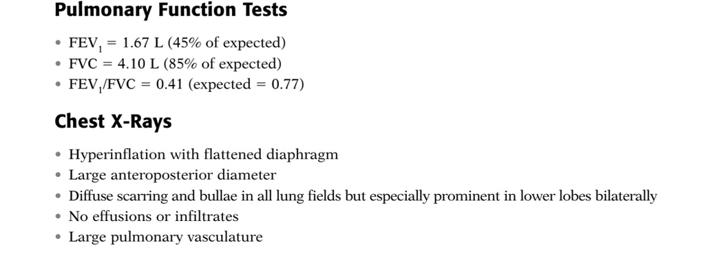 pulmonary function tests fev 167 l 45 of expected fvc 410 l 85 of ...
