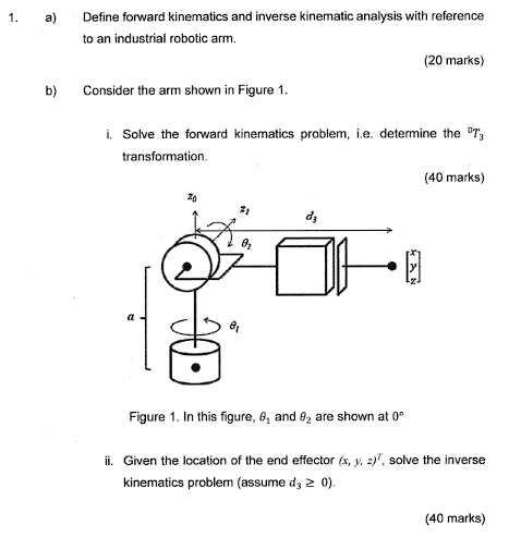 1. a) Define forward kinematics and inverse kinematic analysis with reference to an industrial ...
