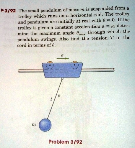 SOLVED: The small pendulum of mass m is suspended from a trolley which ...