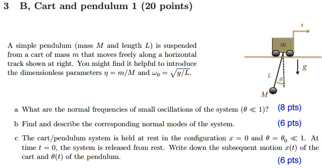 3 B, Cart and pendulum 1 (20 points) A simple pendulum (mass M and length L) is suspended from a ...