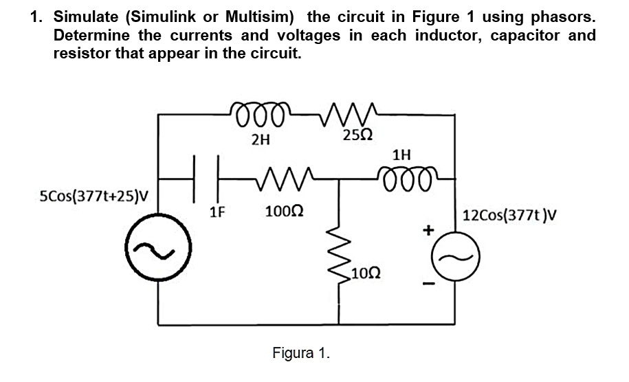 1. Simulate (Simulink or Multisim) the circuit in Figure 1 using phasors. Determine the currents ...