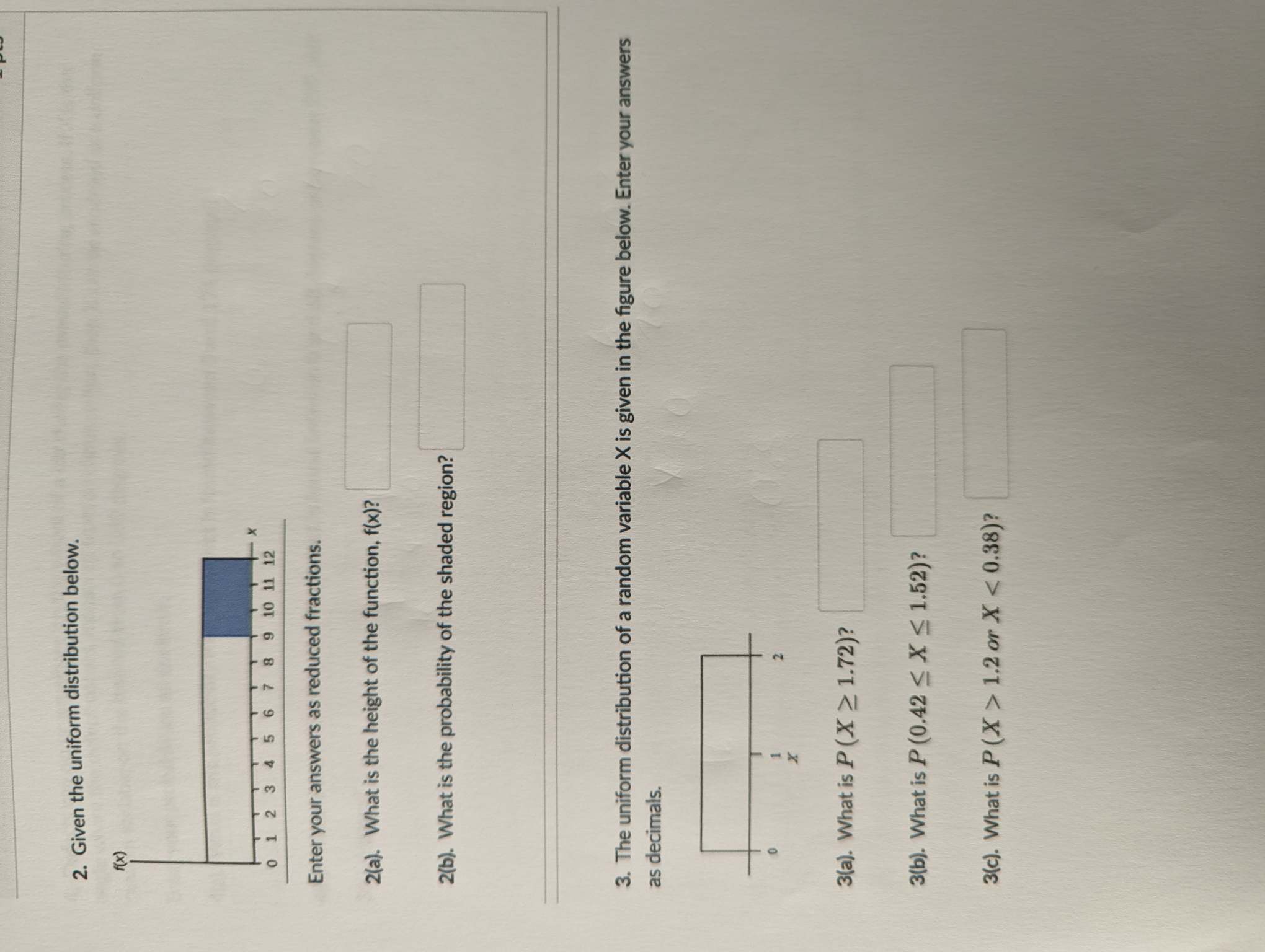 SOLVED: 2. Given the uniform distribution below. Enter your answers as ...