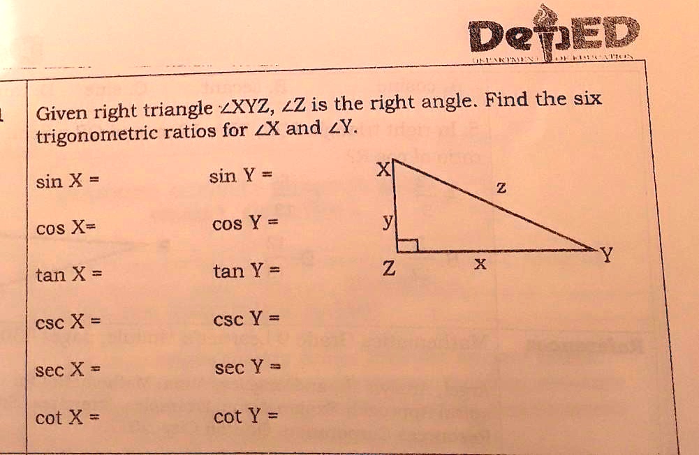 given right triangle zxyz lz is the right angle find the sixtrigonometric ratios for x and xysin ...