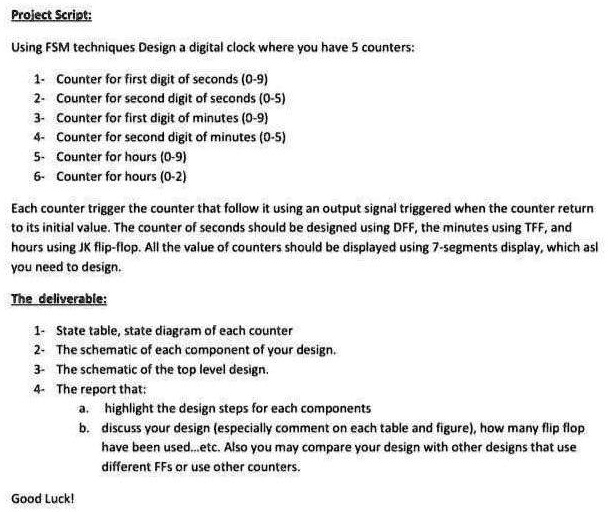 project script using fsm techniques design a digital clock where you have 5 counters 1 counter ...