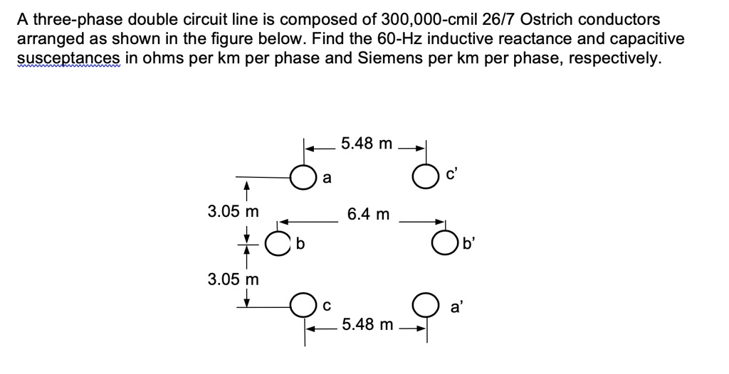 A three-phase double circuit line is composed of 300,000-cmil 26/7 Ostrich conductors arranged ...