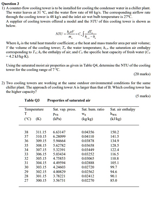 SOLVED: Question 3 1) A counter-flow cooling tower is to be installed ... SOLVED: Question 3 1) A counter-flow cooling tower is to be installed ...