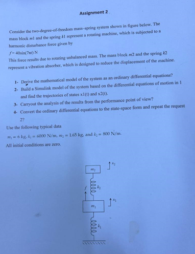 Assignment 2 Consider the two-degree-of-freedom mass-spring system ...