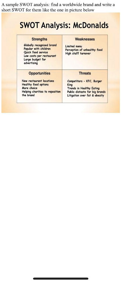 SOLVED: A sample SWOT analysis: Find a worldwide brand and write a short SWOT for them like the ...