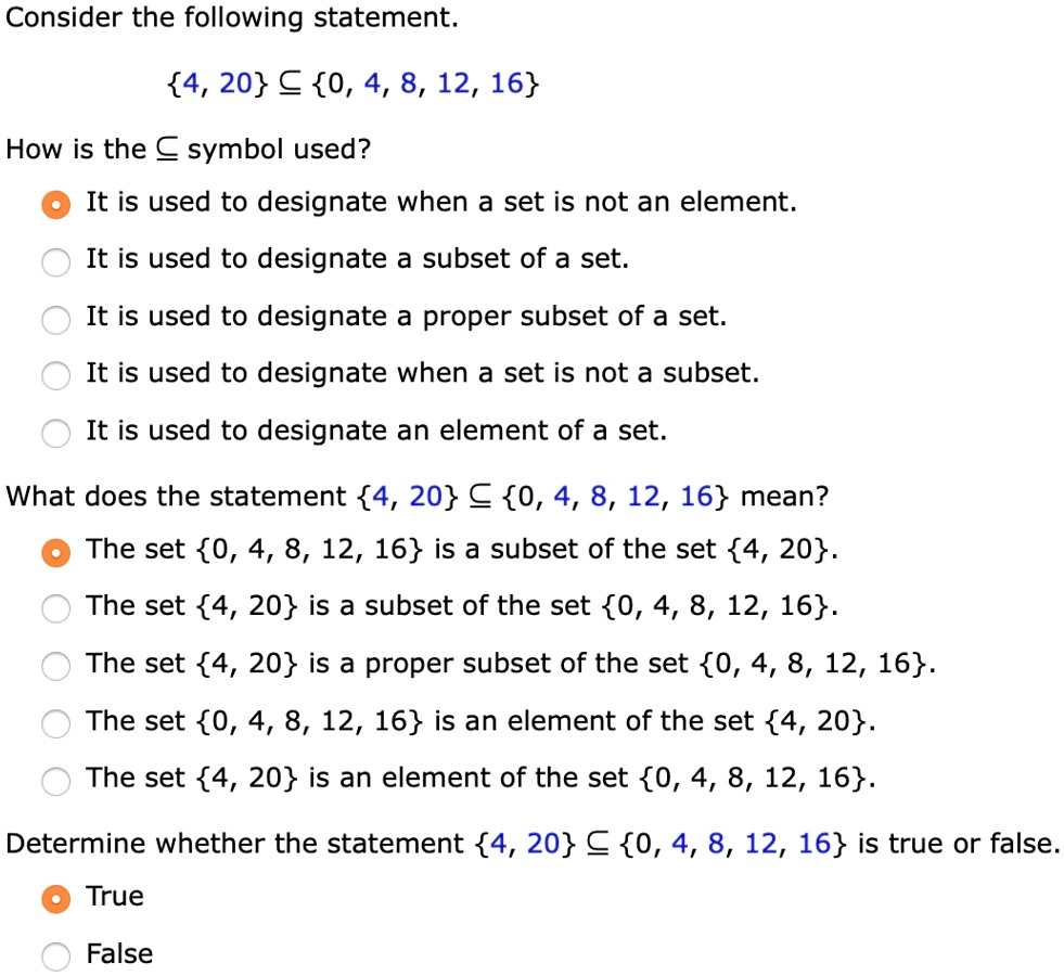 SOLVED:Consider the following statement_ {4, 20} G {0, 4, 8, 12, 16 ...