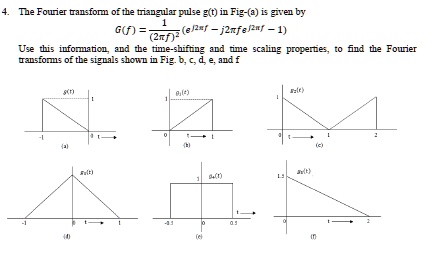 4. The Fourier transform of the triangular pulse g(t) in Fig-(a) is ...