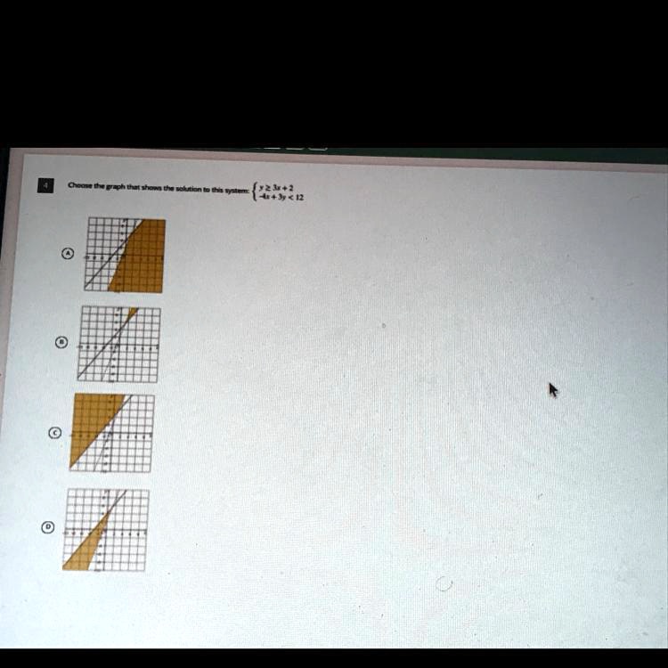 SOLVED: What graph shows the solution to this system? y >= 3x + 2 -4x + 3y > 12