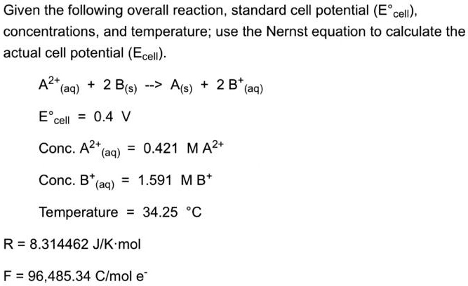 given the following overall reaction standard cell potential es cell ...