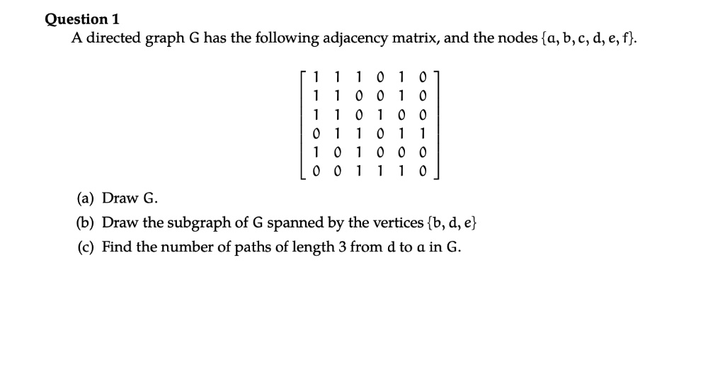 SOLVED: Question 1 A directed graph G has the following adjacency ...
