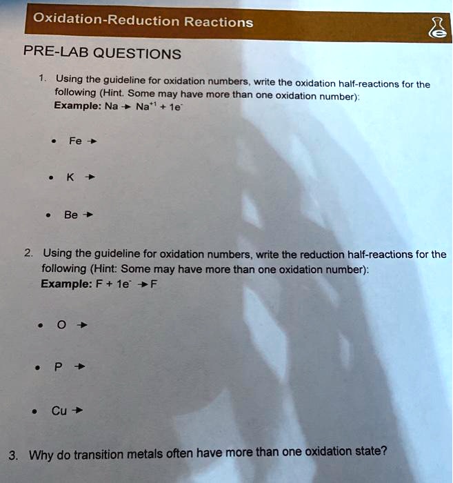 Oxidation-Reduction Reactions PRE-LAB QUESTIONS 1. Using the guideline for oxidation numbers ...
