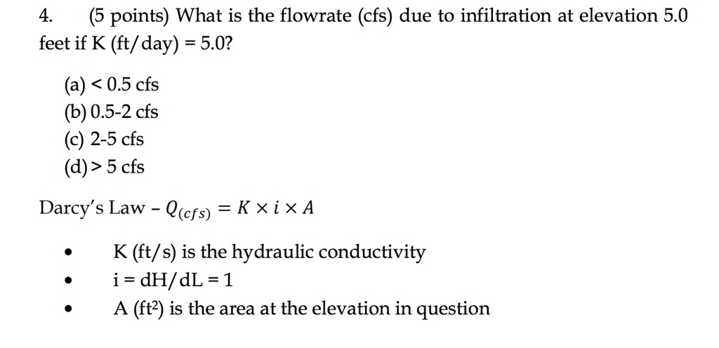 SOLVED: What is the flow rate (cfs) due to infiltration at elevation 5. ...