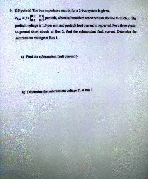 SOLVED: The bus impedance matrix for a 2-bus system is given. The pre-fault voltage is 1.0 per ...