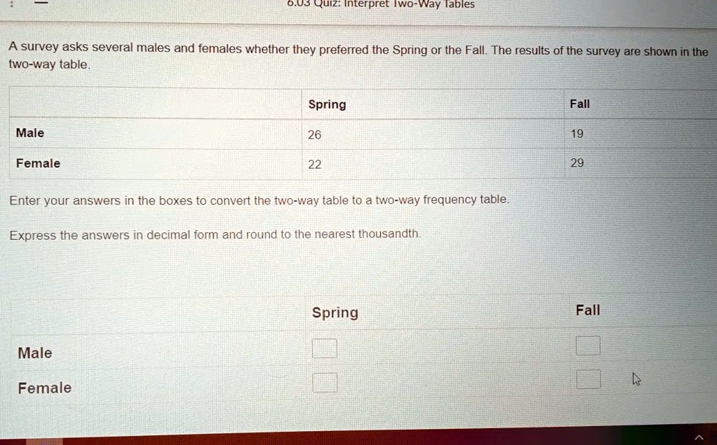 6.03 Quiz: Interpret Two-Way Tables A survey asks several males and ...