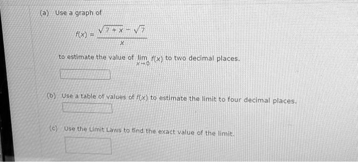 SOLVED: (a) Use a graph of f(x) = √7+x-√7 X to estimate the value of lim f(x) to two decimal ...