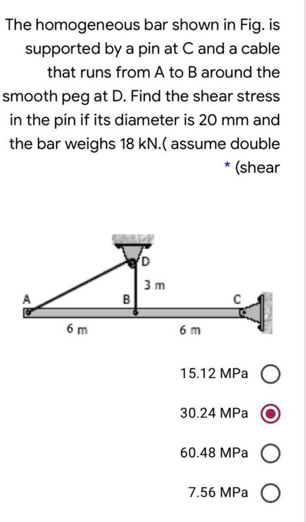The homogeneous bar shown in Fig. is supported by a pin at C and a ...