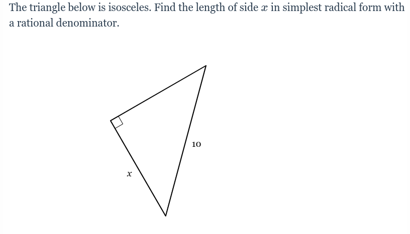 SOLVED: The triangle below is isosceles. Find the length of side xx in ...