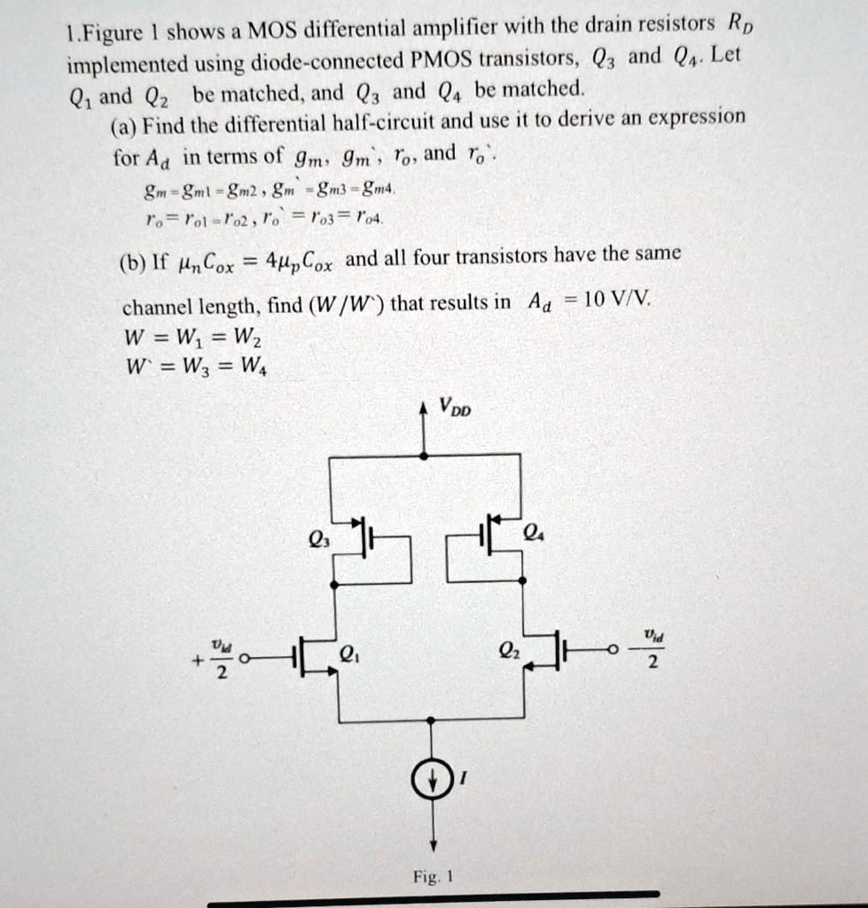 SOLVED: l. Figure 1 shows a MOS differential amplifier with the drain resistors Rp implemented ...