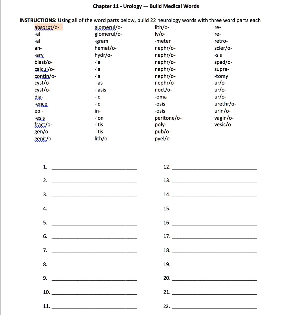 SOLVED: Chapter 11 - Urology - Building Medical Words INSTRUCTIONS ...