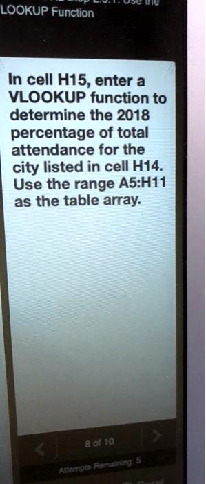 lookup function in cell h15 enter a vlookup function to determine the 2018 percentage of total ...
