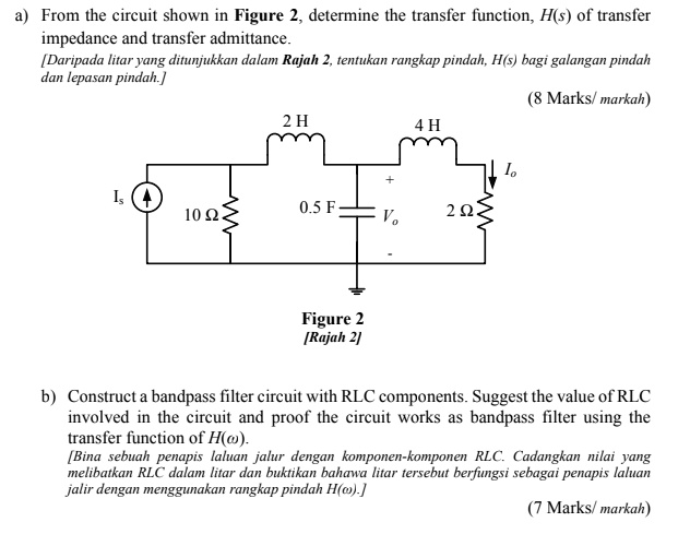 SOLVED: From the circuit shown in Figure 2, determine the transfer function, H(s) of transfer ...