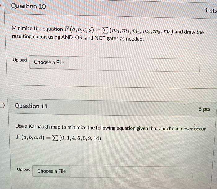 Question 10 Minimize the equation F(a, b, c, d) = ∑ (m0, m1, m4, m5, m8, m9) and draw the ...
