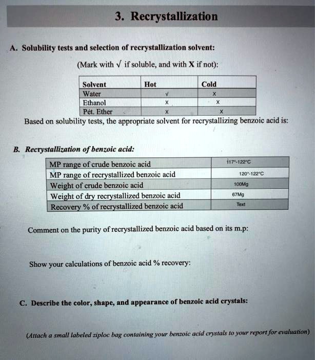 SOLVED: 3. Recrystallization Solubility tests and selection of ...