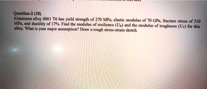 SOLVED: Aluminum alloy 6061 T6 has a yield strength of 270 MPa, elastic modulus of 70 GPa ...