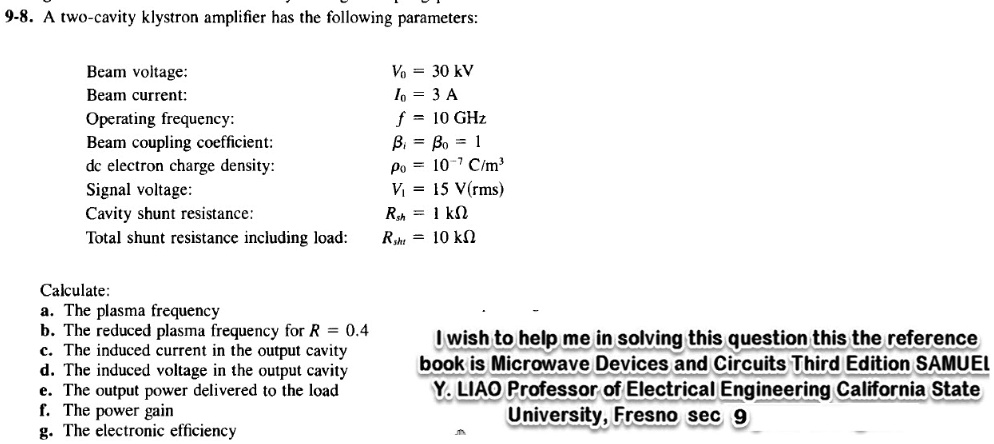 9-8. A two-cavity klystron amplifier has the following parameters: Beam voltage: V = 30 kV Beam ...