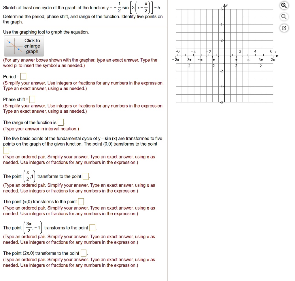 sketch at least one cycle of the graph of the function y 2 sin3 x 2 5 determine the period phase ...