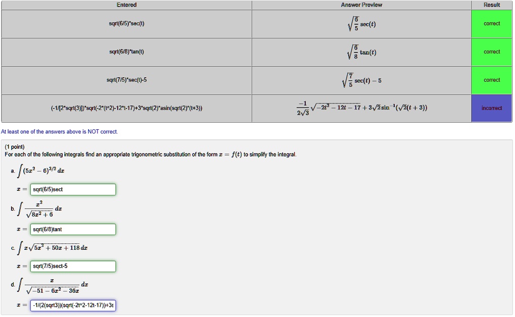 SOLVED: For each of the following integrals, find an appropriate trigonometric substitution of ...