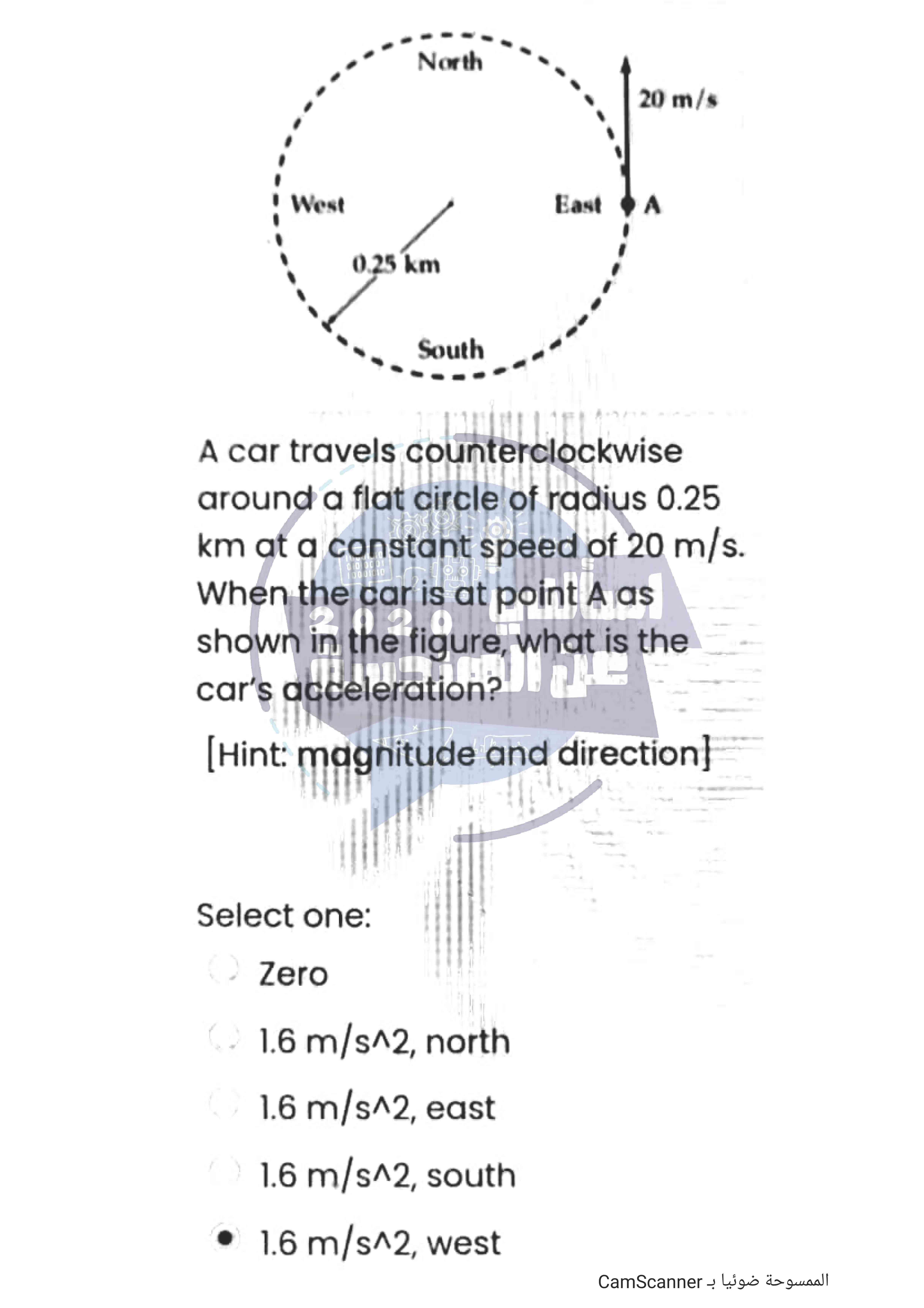 A car travels counterclockwise around a flat circle of radius 0.25 km ...