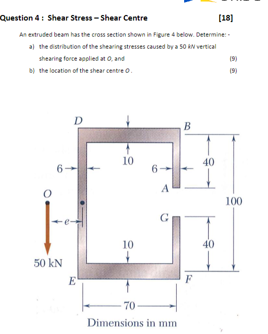 SOLVED: Question 4 : Shear Stress - Shear Centre [18] An extruded beam ...