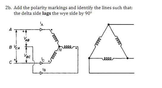 SOLVED: 2b. Add the polarity markings and identify the lines such that: the delta side lags the ...