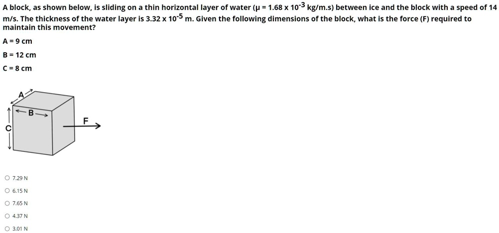 SOLVED: A block, as shown below, is sliding on a thin horizontal layer of water = 1.68 x 10^-3 ...
