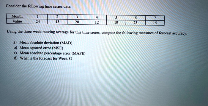 SOLVED: Consider the following time series data: Month Value Using ...