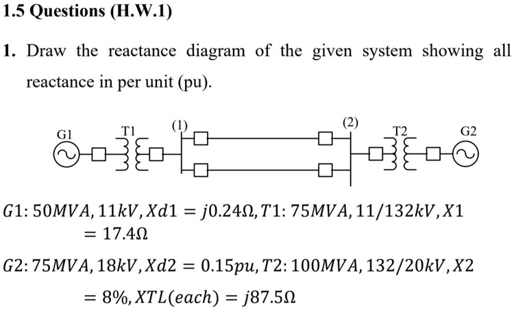 SOLVED: For the given system below, select a common base of 100 MVA and 22 kV on the generator ...