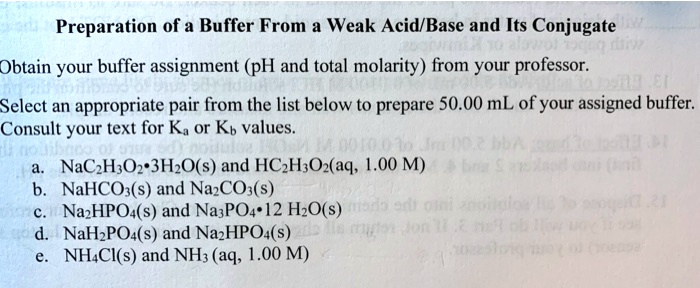 SOLVED: Preparation of a Buffer From a Weak Acid/Base and Its Conjugate Obtain your buffer ...