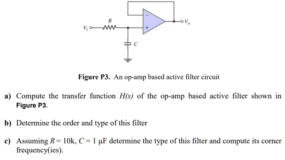 SOLVED: Figure P3. An op-amp based active filter circuit a) Compute the transfer function H(s ...
