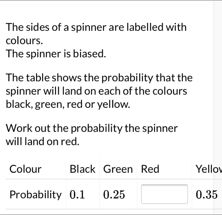 the sides of a spinner are labelled with colours the spinner is biased ...