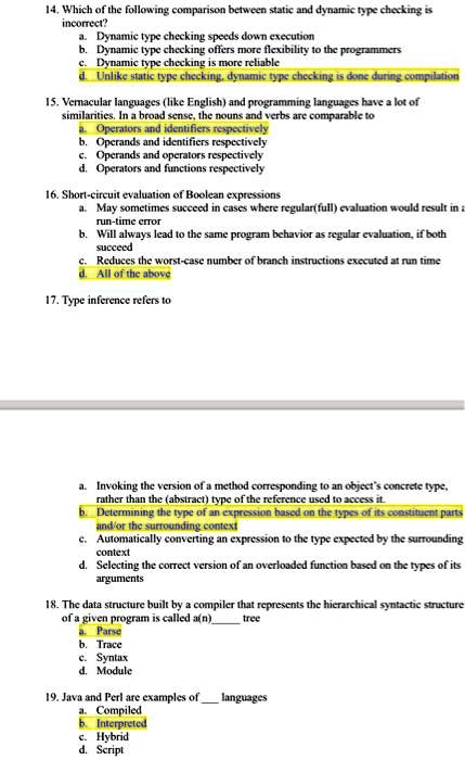 Solved 14 Which Of The Following Comparisons Between Static And Dynamic Type Checking Is