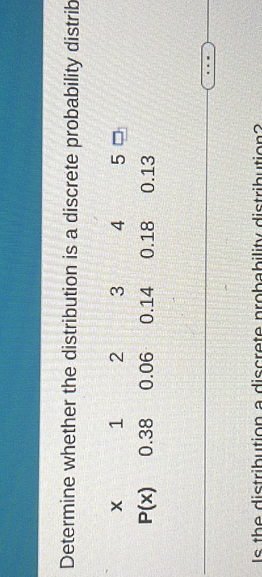 Determine whether the distribution is a discrete probability distrib 𝐱 1 2 3 4 5 𝐏(𝐱) 0.38 0.06 ...