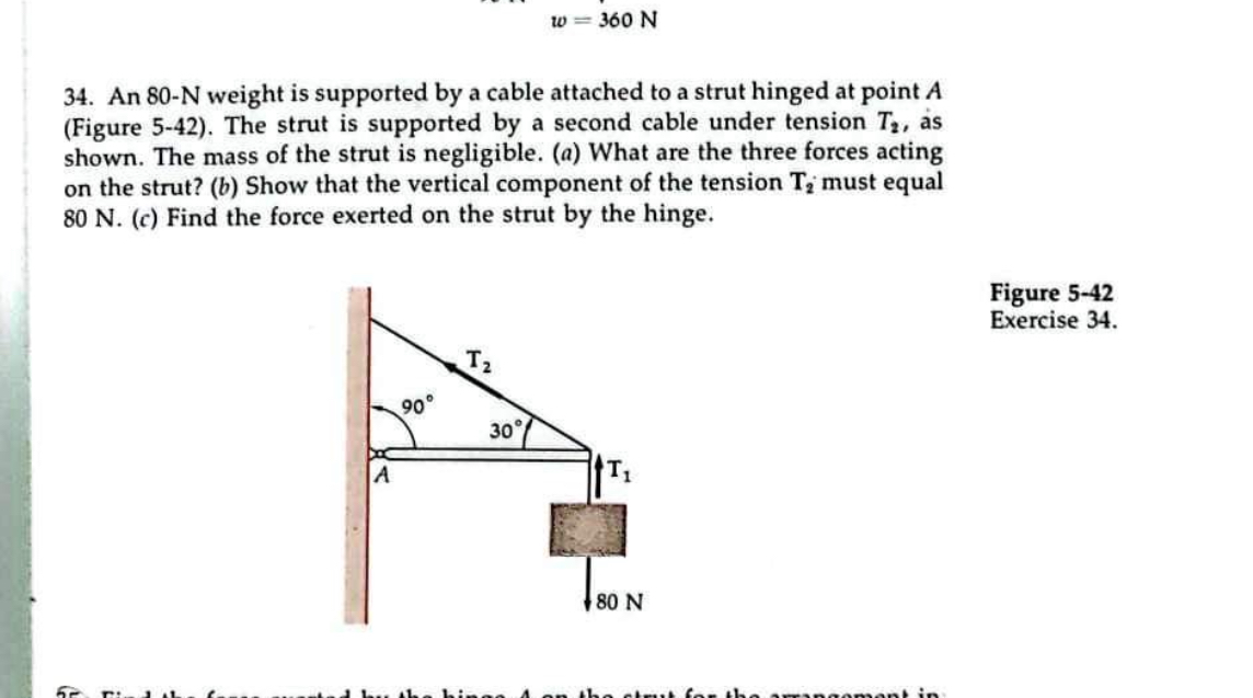 w=360 N 34. An 80-N weight is supported by a cable attached to a strut ...