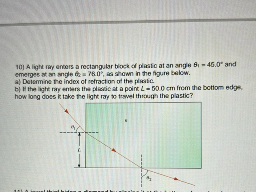 10) A light ray enters a rectangular block of plastic at an angle θ1=45 ...