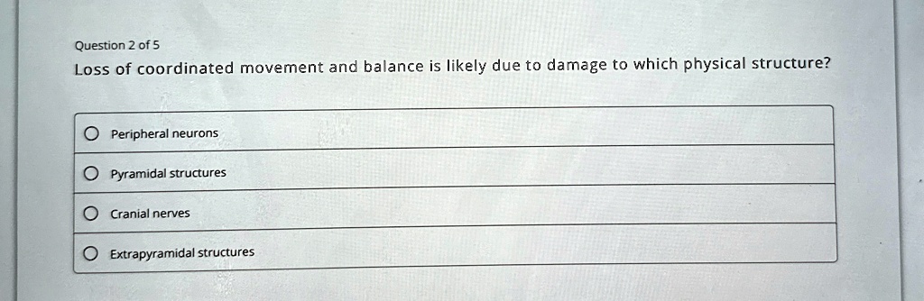 Question 2 of 5 Loss of coordinated movement and balance is likely due ...