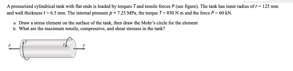 SOLVED: A pressurized cylindrical tank with flat ends is loaded by torques T and tensile forces ...