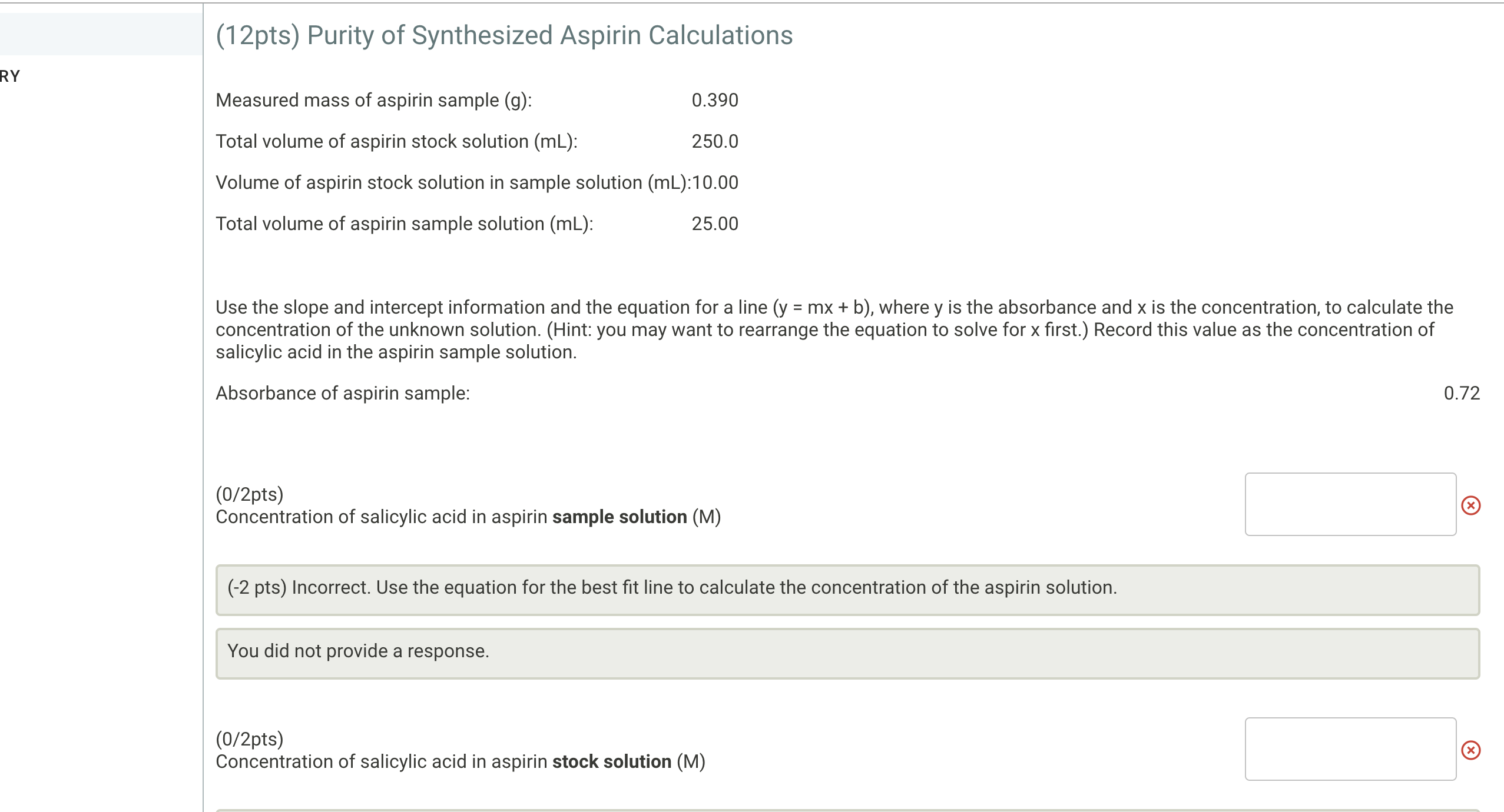 SOLVED: (12pts) Purity of Synthesized Aspirin Calculations Measured ...